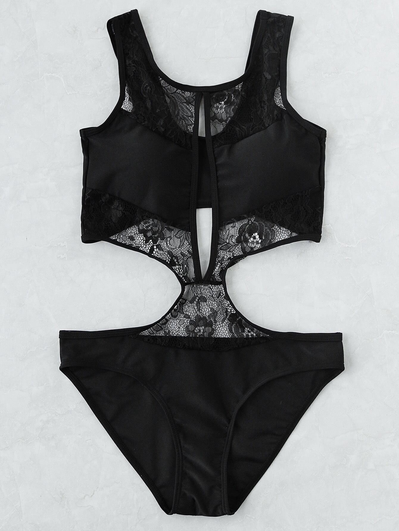 Black Lace Insert Cutout Design One Piece Swimwearfor Women Romwe