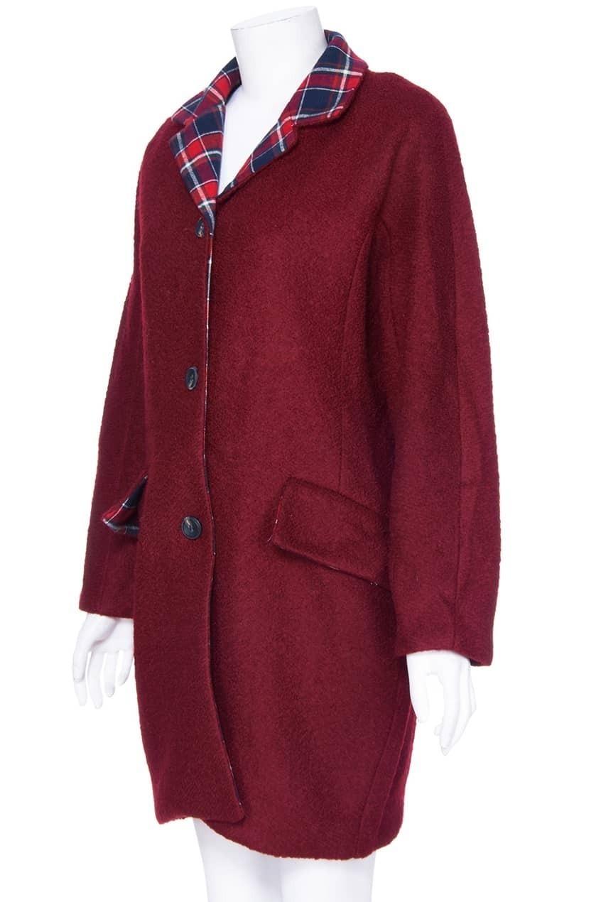 Romwe Plaid Collar Long Sleeved Red Woollen Coatfor Women Romwe