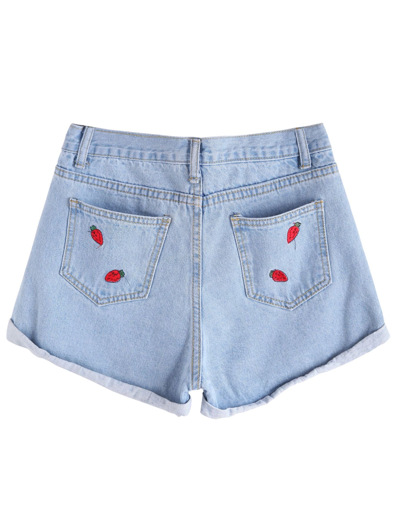 Strawberry Embroidered Cuffed Denim Shortsfor Women Romwe