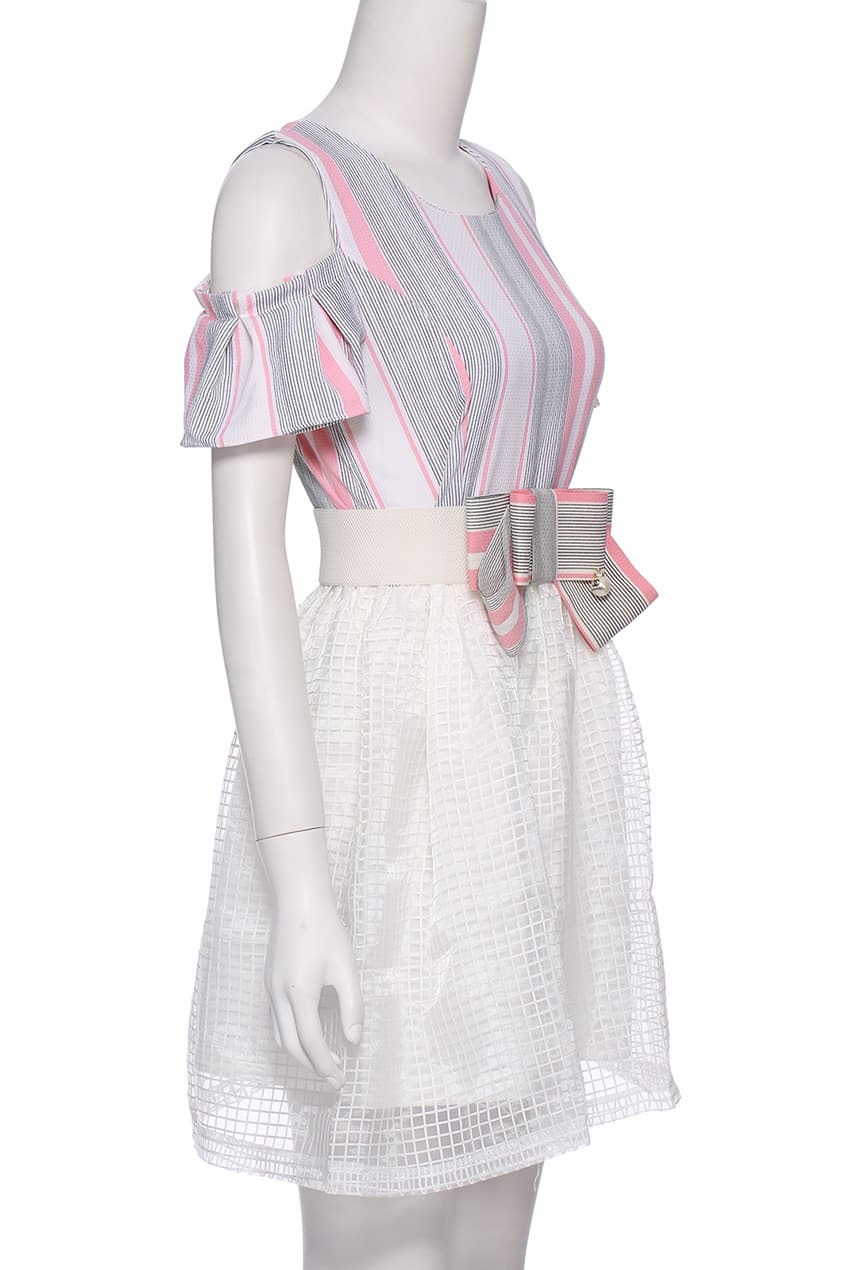 Romwe Striped Print Off Shoulder Pink Dressfor Women Romwe
