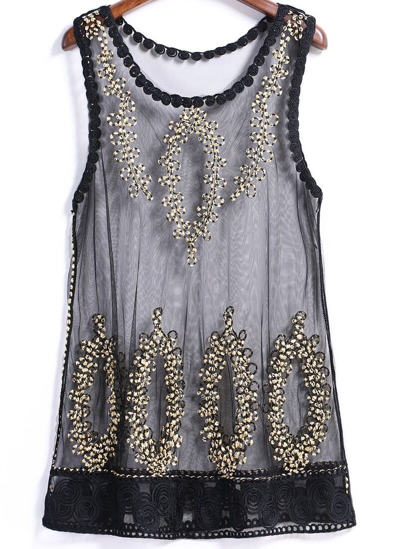 Round Neck Sheer Mesh Embroidered Tank Topfor Women Romwe