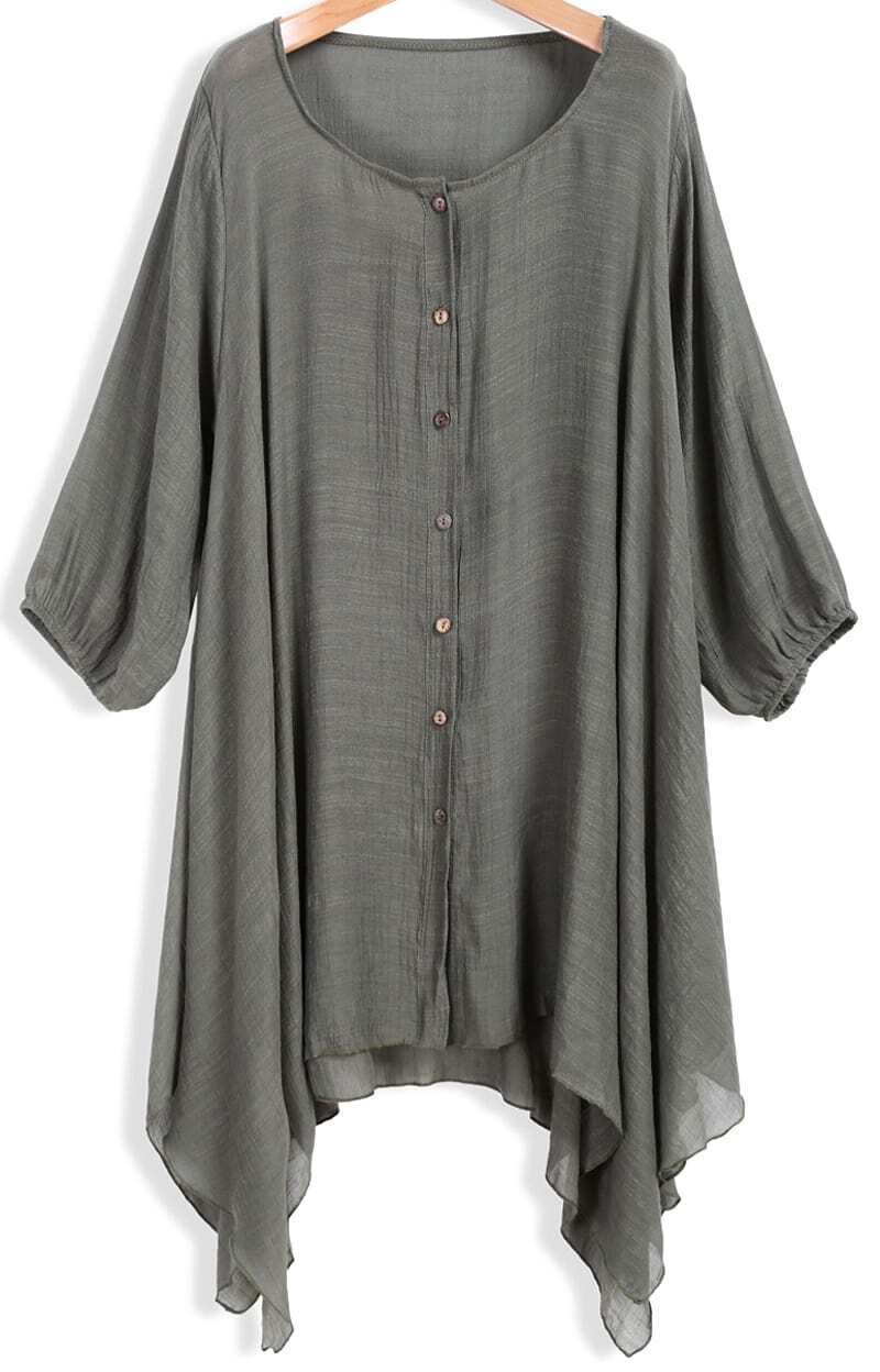 With Buttons Asymmetrical Hem Army Green Topfor Women Romwe