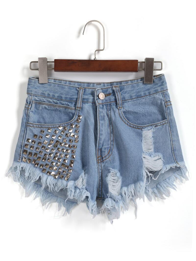 With Rivet Ripped Fringe Denim Pale Blue Shortsfor Women Romwe