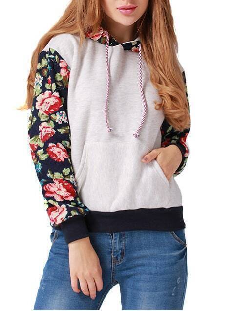 Hooded Drawstring Florals White Sweatshirtfor Women Romwe