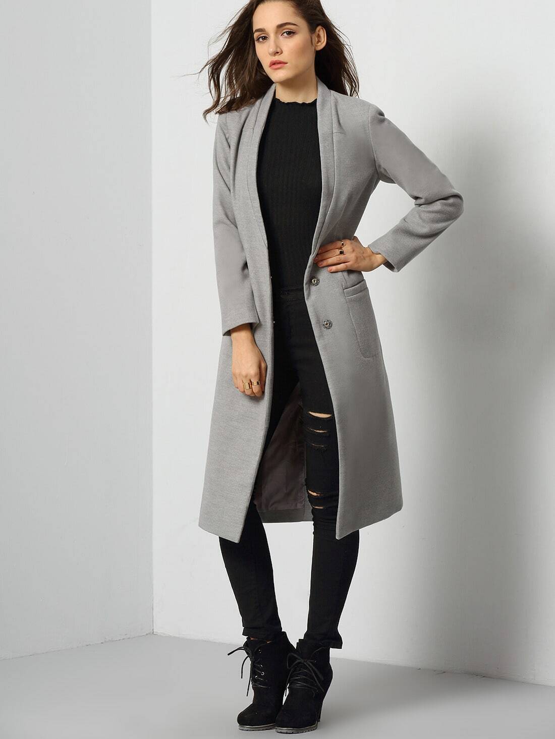 Grey Long Sleeve Pockets Coatfor Women Romwe