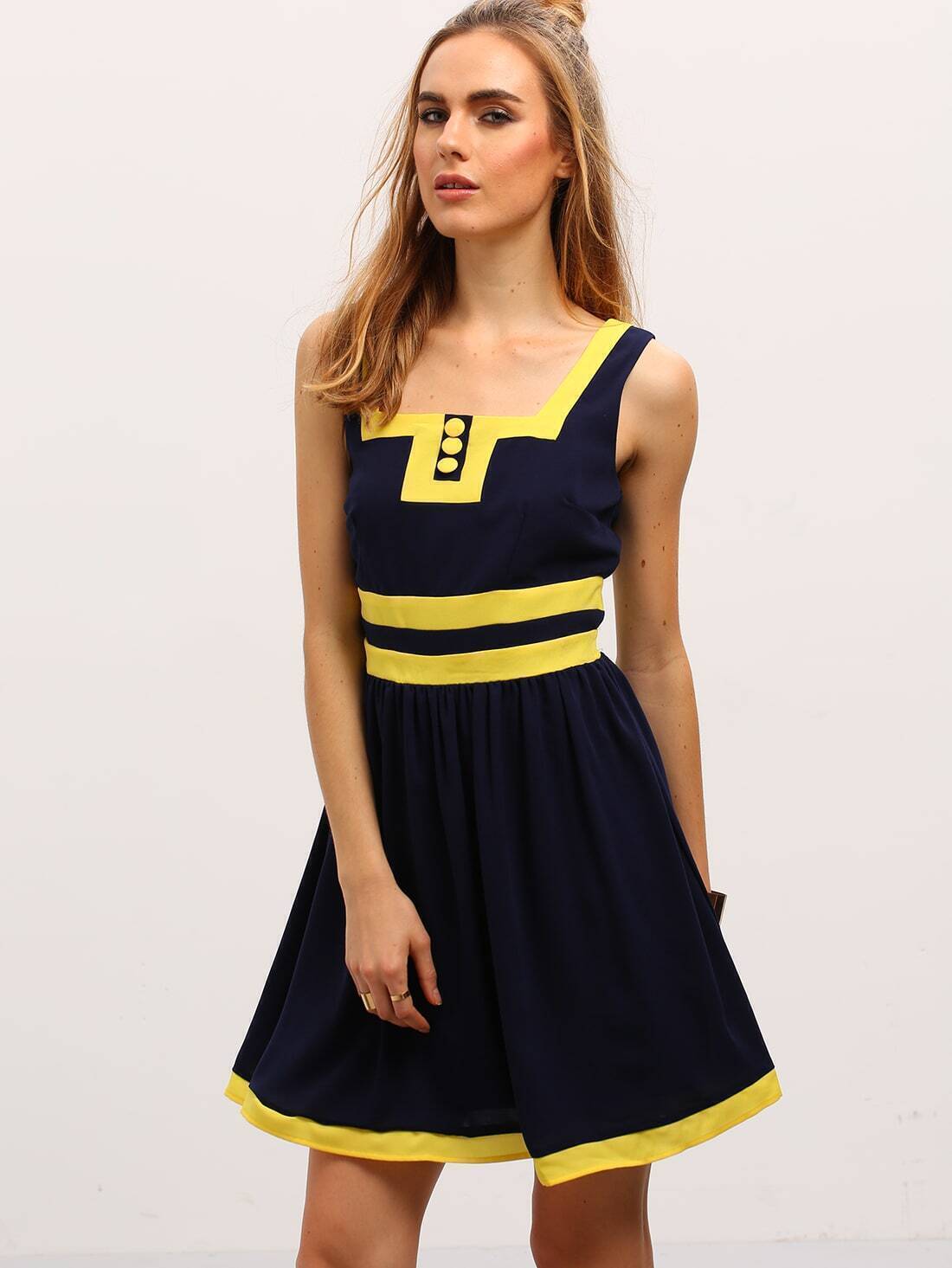 Navy Square Neck Sleeveless Color Blcok Trims Dressfor Women Romwe