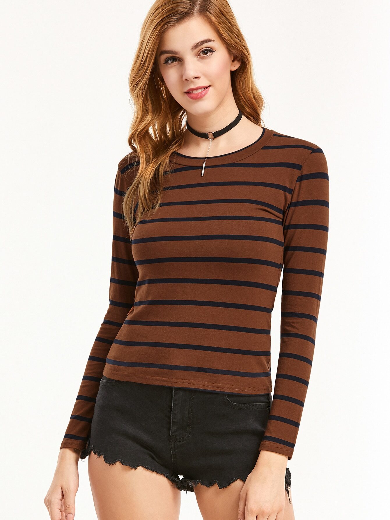 Brown Striped Tight T Shirtfor Women Romwe