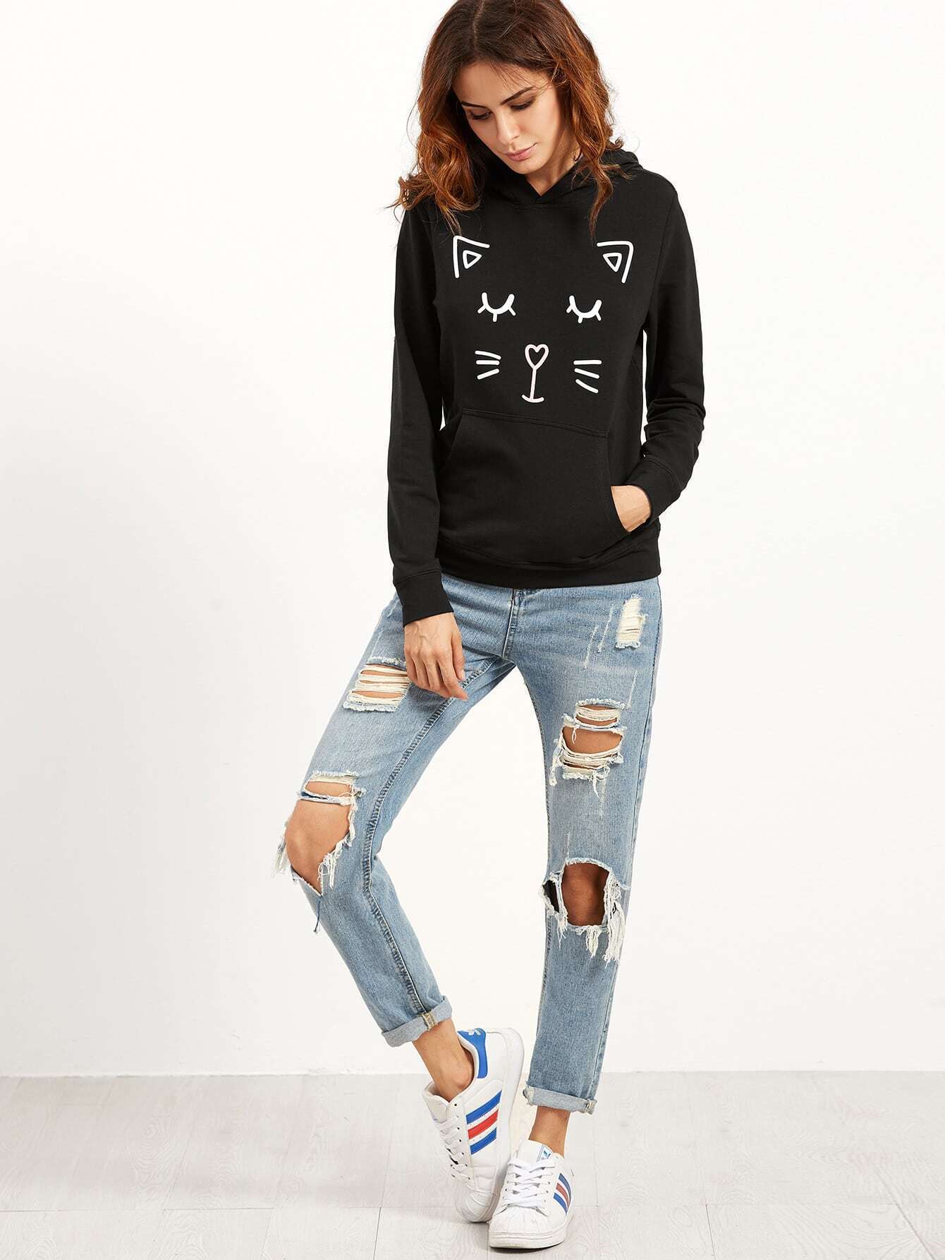 Black Printed Cat Ear Hoodie With Pocketfor Women Romwe