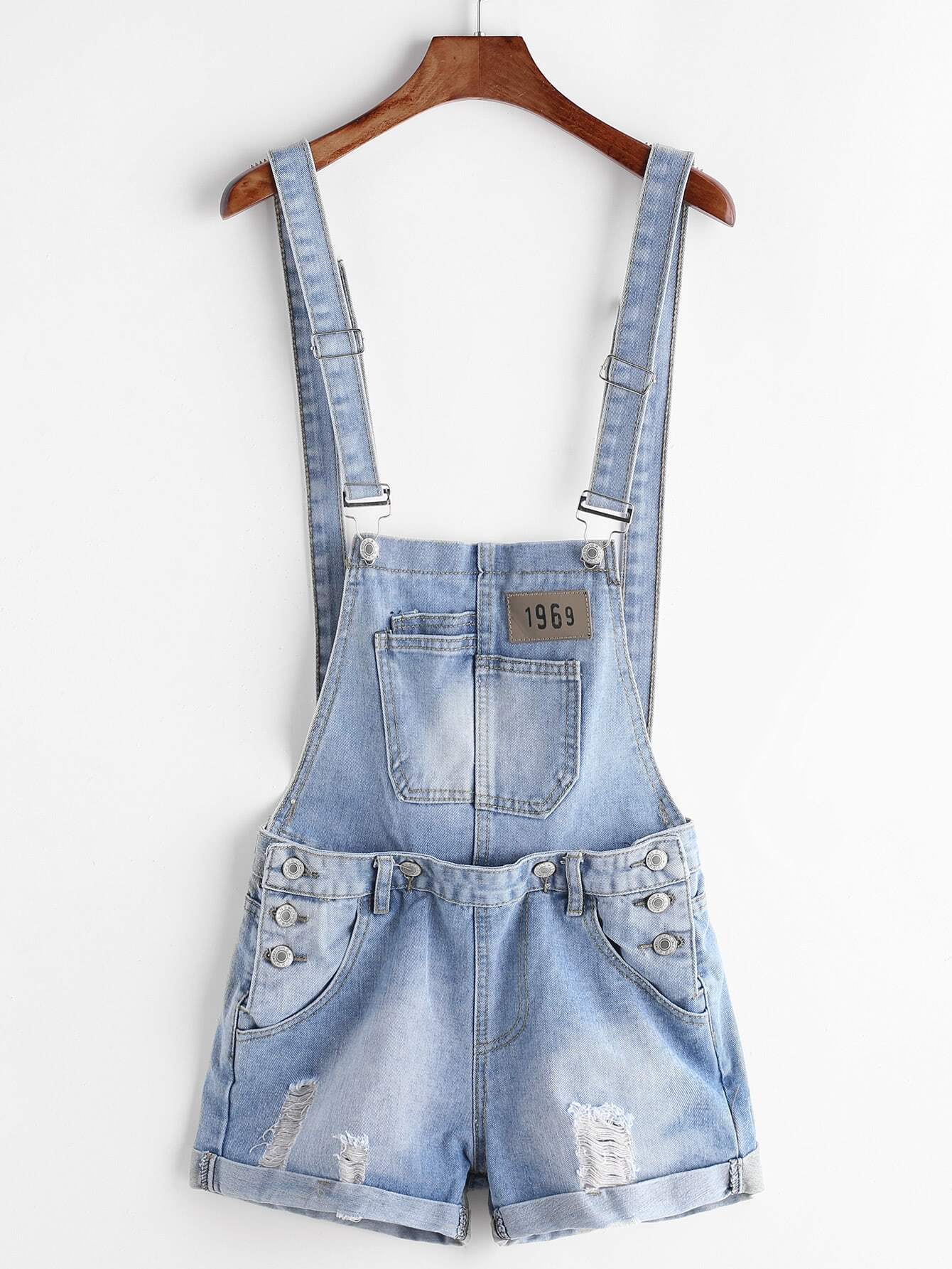 Light Blue Ripped Cuffed Denim Overall Shortsfor Women Romwe