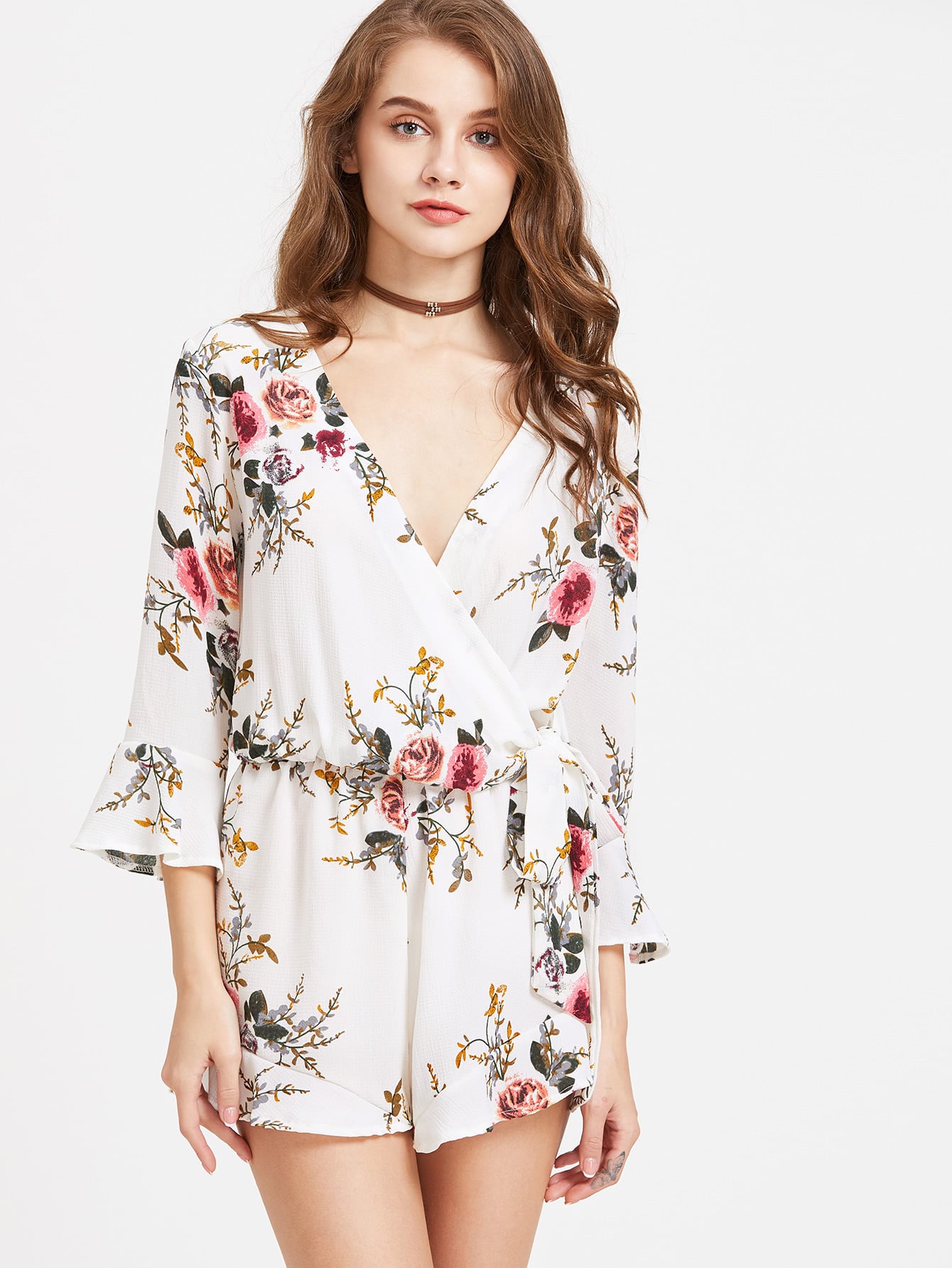 Floral Print Twist Front Self Tie Waist Romperfor Women Romwe
