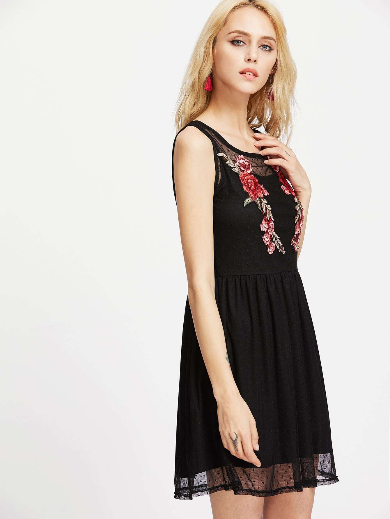 Dobby Mesh Embroidered 2 In 1 Tank Dressfor Women Romwe
