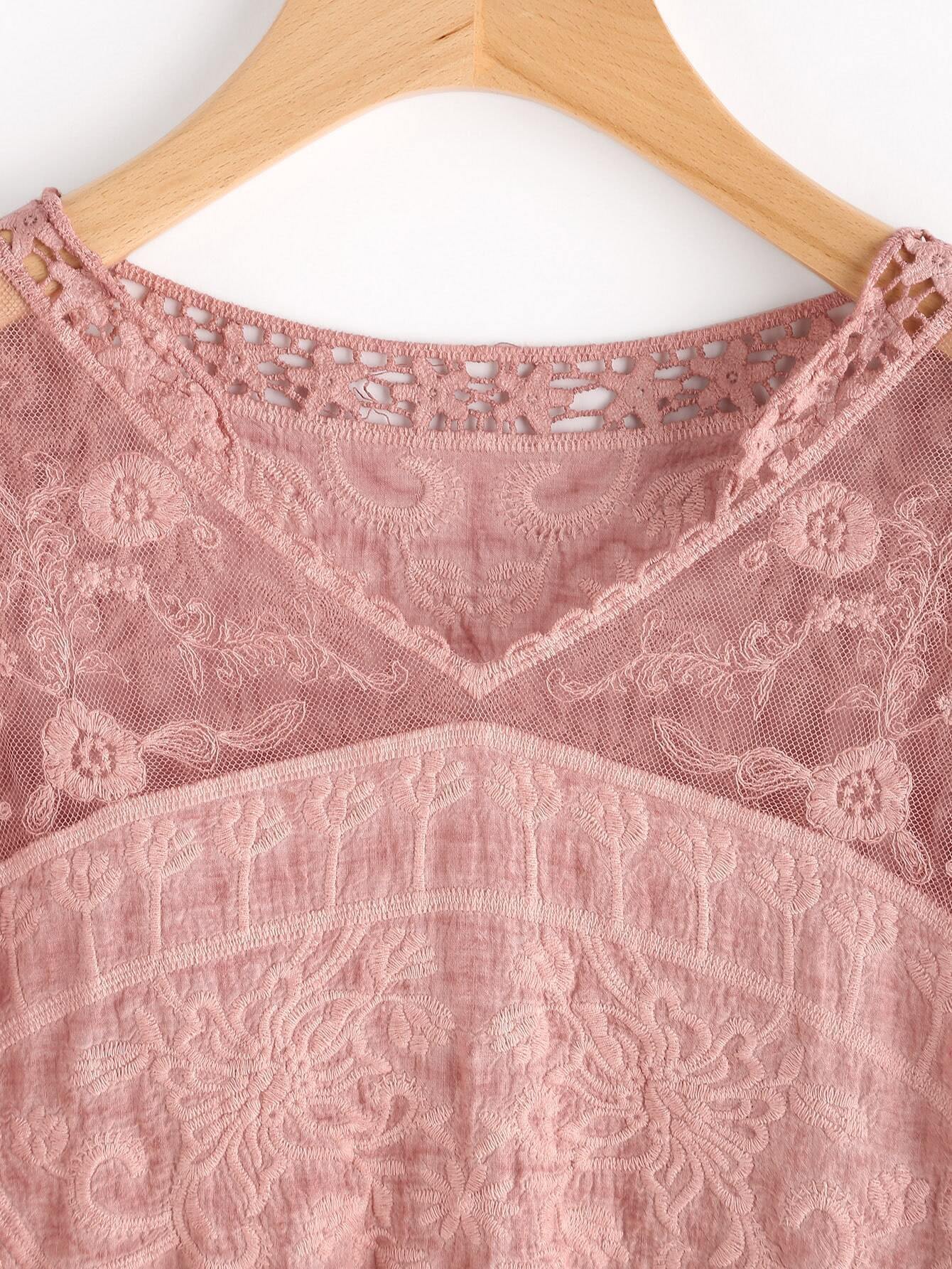 Flute Sleeve Lace Embroidered Mesh Topfor Women Romwe