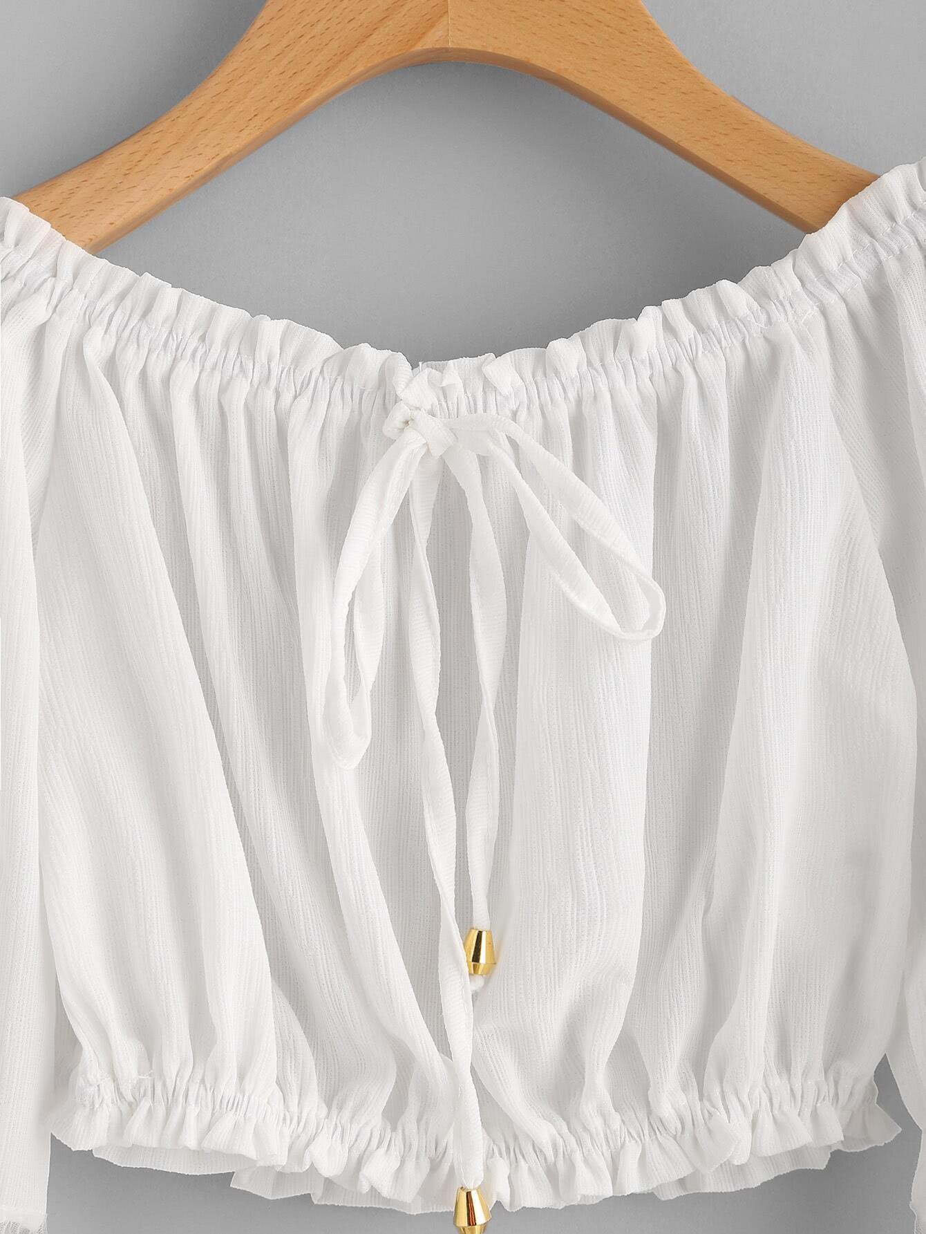 Embroidered Mesh Cuff Shirred Crop Topfor Women Romwe