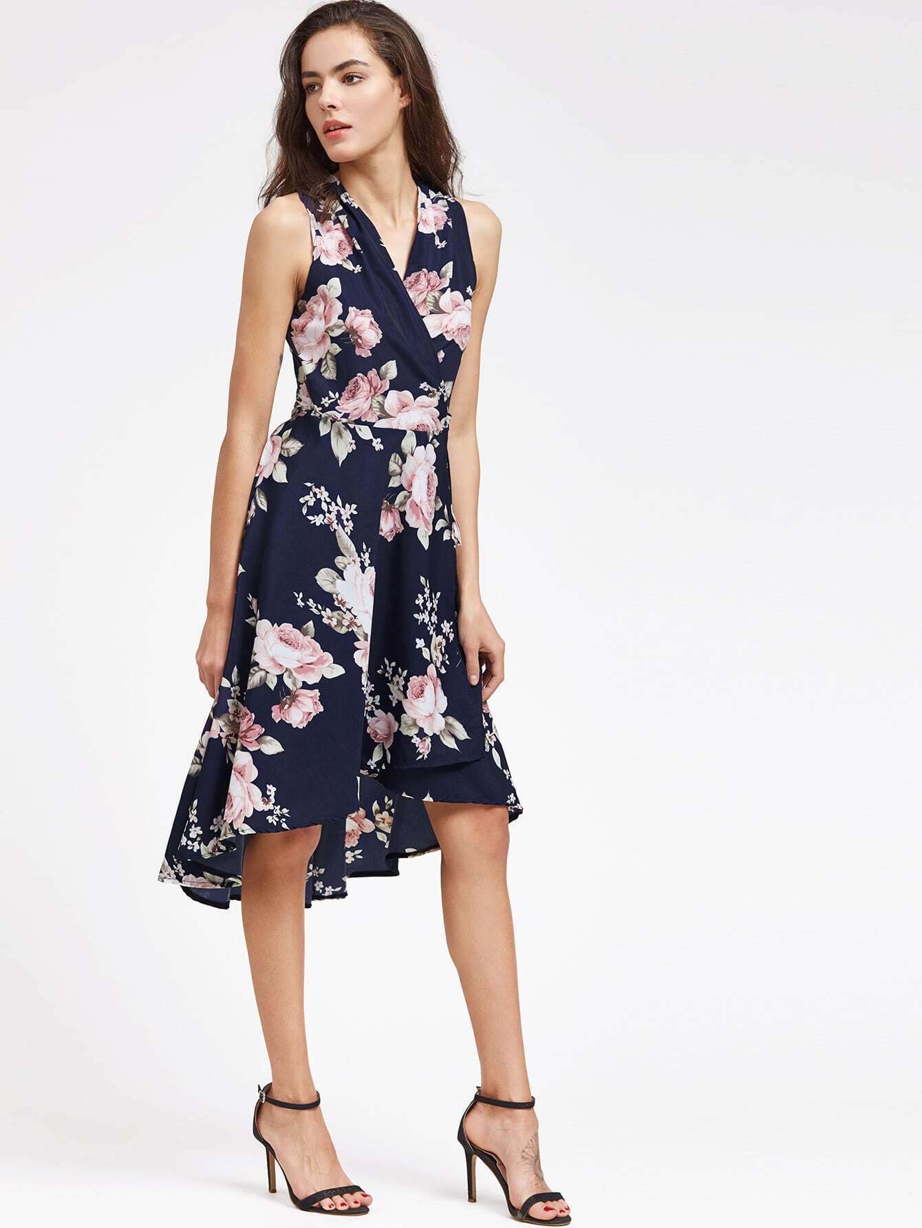V Neckline Floral Print Dip Hem Dressfor Women Romwe