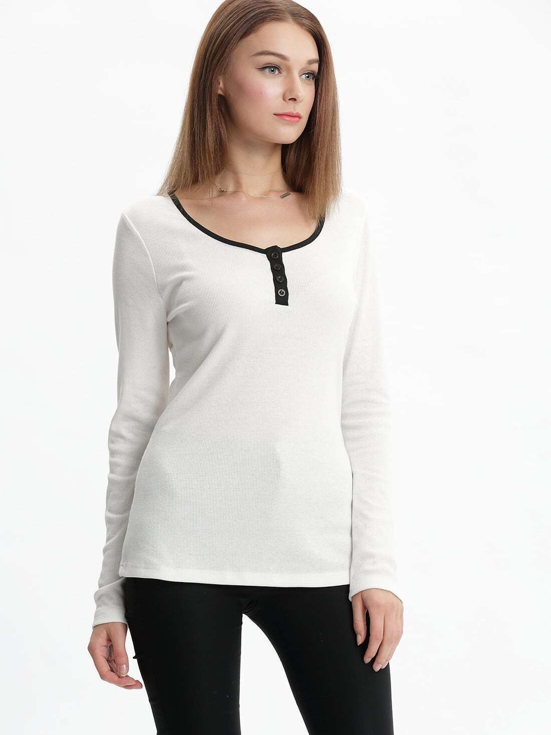 Beige Ribbed Slim T-Shirt With Contrast TrimsFor Women-romwe