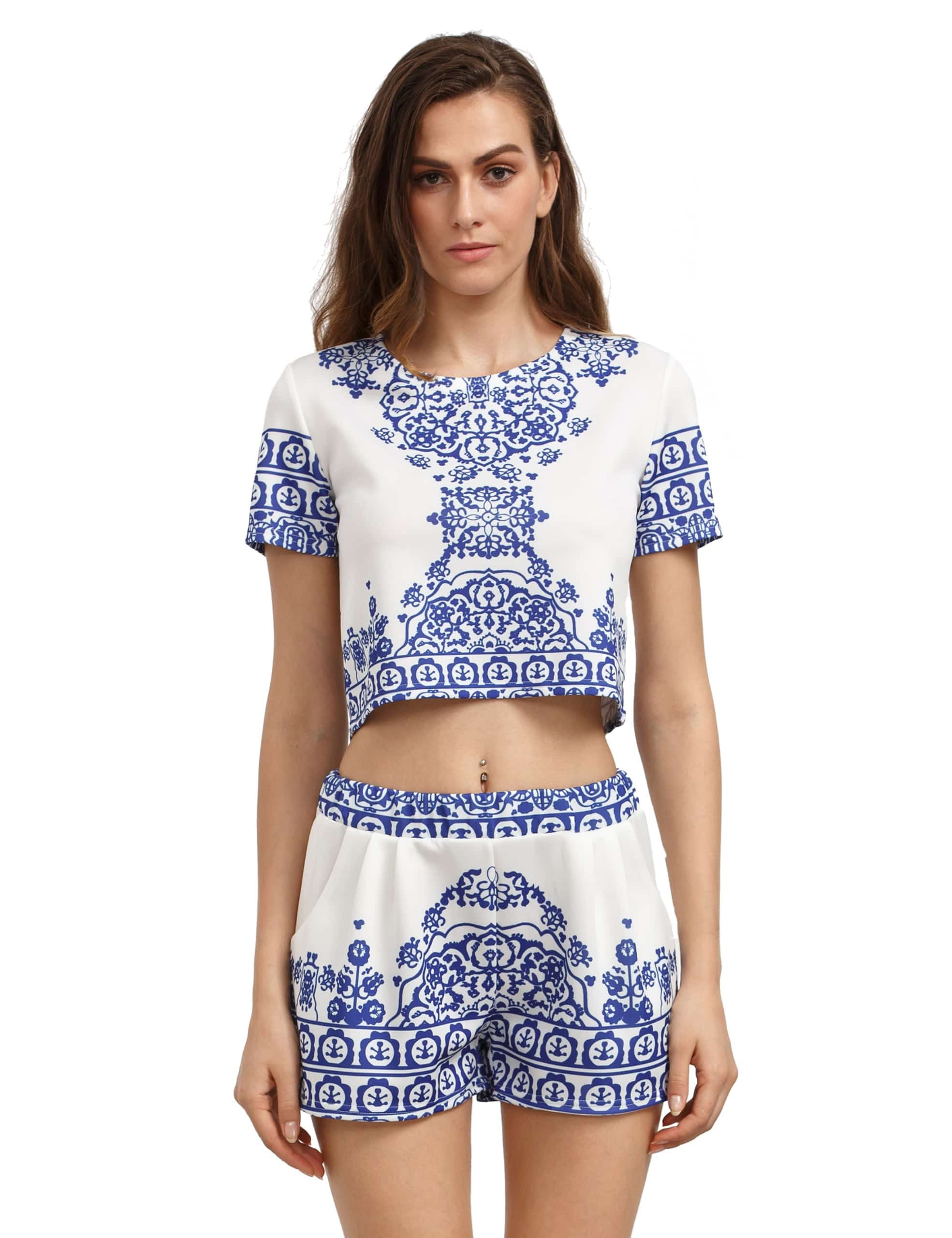 Blue White Short Sleeve Floral Crop Top With ShortsFor Women-romwe
