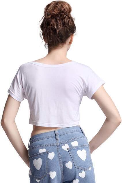Smiling Face White Midriff T-shirtFor Women-romwe