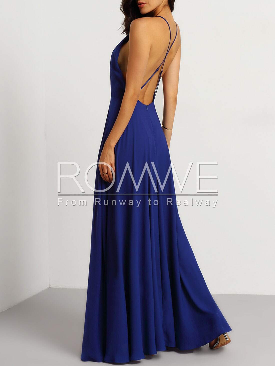 Blue Spaghetti Strap Backless Maxi Dress