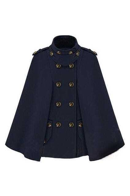Navy Style Double-breasted Dark-blue CapeFor Women-romwe