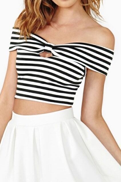 ROMWE Striped Off-shoulder Midriff T-shirtFor Women-romwe