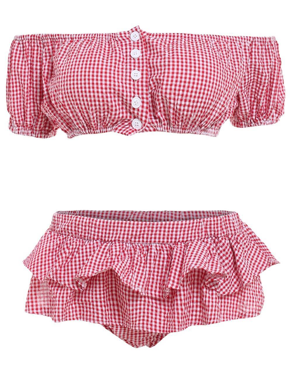 With Buttons Plaid Ruffle Red Bikini SetFor Women-romwe