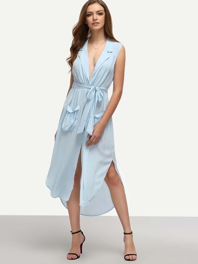 Pale Blue Lapel Self-tie High Low Chiffon Dress With Pockets