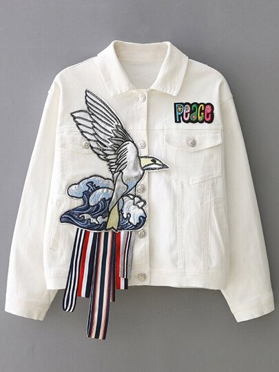 White Lapel Applique Button Jacket