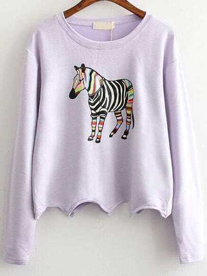 Purple Zebra Print Scalloped Hem Sweatshirt