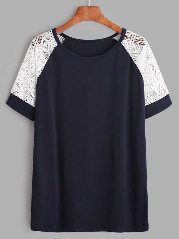 Es Esto Lo Nuevo de Camiseta de manga raglán con encaje en contraste - marino ?? | ROMWE