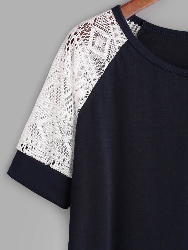 Es Esto Lo Nuevo de Camiseta de manga raglán con encaje en contraste - marino ?? | ROMWE