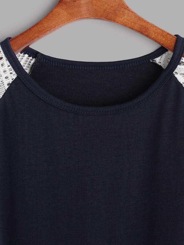 Es Esto Lo Nuevo de Camiseta de manga raglán con encaje en contraste - marino ?? | ROMWE