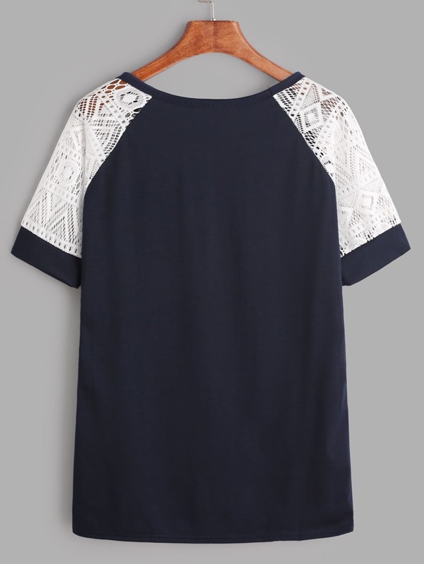 Es Esto Lo Nuevo de Camiseta de manga raglán con encaje en contraste - marino ?? | ROMWE