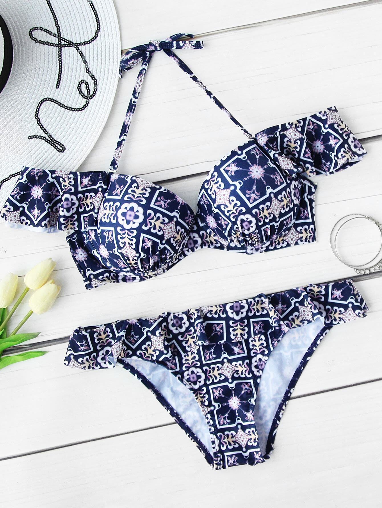 Set biquini con estampado y detalle de volantes-Spanish Romwe